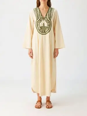 La DoubleJ Twin Flame Embroidered Cotton Midi Tunic With Kimono Sleeves