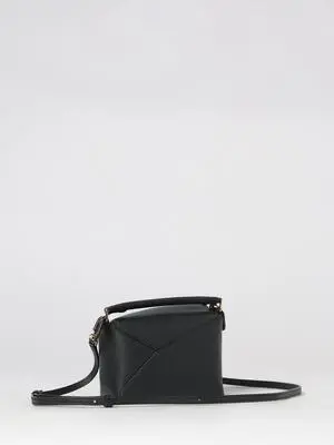 Loewe Puzzle Mini Handbag In Grained Calfskin With Shoulder Strap - Black
