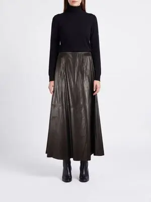 ARMA Flared Midi Skirt In Smooth Lambskin Leather With High Waist And Back Zip - Black