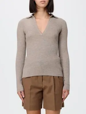 Max Mara Slim Fit V-neck Polo Jumper In 100% Cashmere With Long Sleeves - Beige