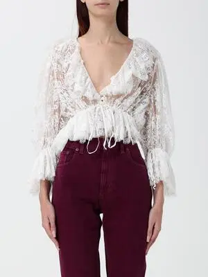 Chloé Draped Lace Cropped Blouse With Deep V-neck And Flared Sleeves - White