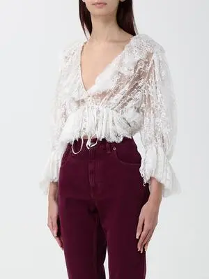 Chloé Draped Lace Cropped Blouse With Deep V-neck And Flared Sleeves - White