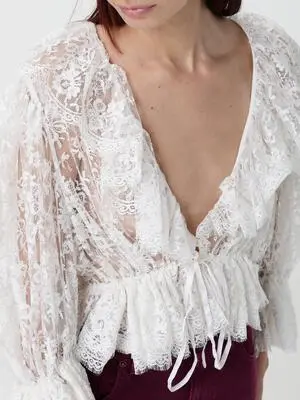 Chloé Draped Lace Cropped Blouse With Deep V-neck And Flared Sleeves - White