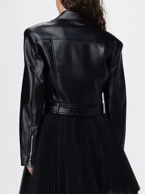 Karl Lagerfeld Cropped Faux Leather Biker Jacket With Oversized Shoulders