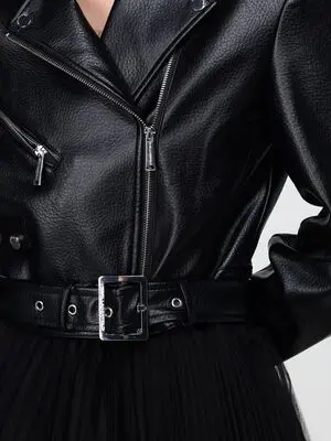 Karl Lagerfeld Cropped Faux Leather Biker Jacket With Oversized Shoulders