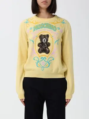 Moschino Teddy Bear Jacquard Logo Crewneck Jumper In 100% Merino Wool - Yellow