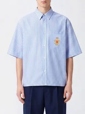 Celine Striped Cotton Short-sleeve Shirt With Embroidered Logo