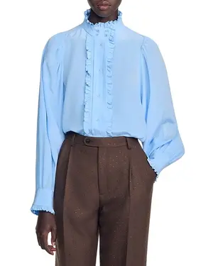 Sandro Hortense Silk Ruffled Shirt - Sky Blue