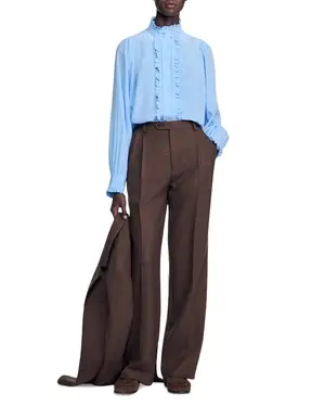 Sandro Hortense Silk Ruffled Shirt - Sky Blue