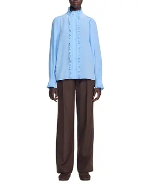 Sandro Hortense Silk Ruffled Shirt - Sky Blue