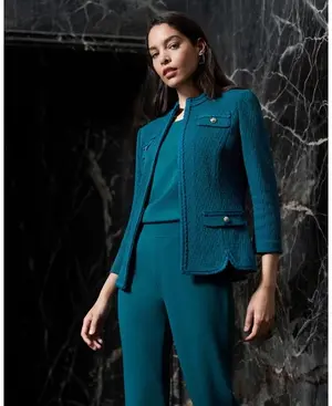 Ming Wang Plus Braided Trim Pointelle Knit Jacket - Deep Teal