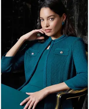 Ming Wang Plus Braided Trim Pointelle Knit Jacket - Deep Teal