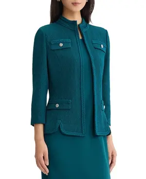 Ming Wang Plus Braided Trim Pointelle Knit Jacket - Deep Teal