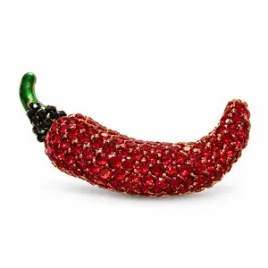 BY OZGE Red / Green Fiery Charm Red Crystal Chilli Pepper Gold-tone Statement Brooch Red