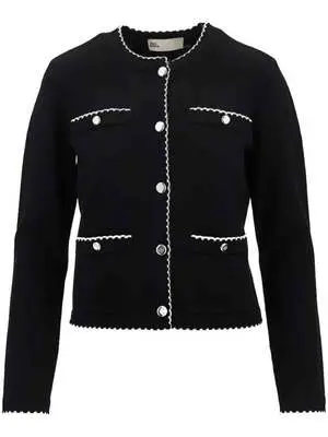 Tory Burch Tory Burch Classic Crew Neck Wool Cardigan With Contrasting Trim And Patch Pockets Black