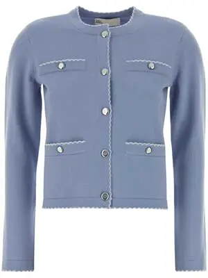 TORY BURCH Tory Burch Women's Blue Wool Cardigan With Four Front Pockets And Embroidered-Effect Trim