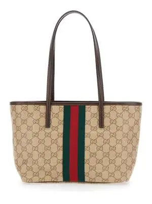 Gucci Essence Gg Canvas Tote Handbag With Two Top Handles And Automatic Button Closure, 25x19x11.5 Cm - Beige