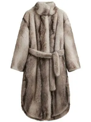 THE FRANKIE SHOP Ravello Wrap Faux Fur Jacket With Belted Waist - Grey