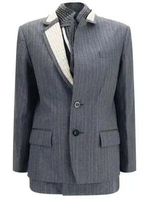 Sacai Pinstriped Wool Blazer With Tailored Fit, Notched Lapels & Side Pockets - Black