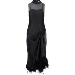 Staud Lola Feather Trim Silk Midi Dress
