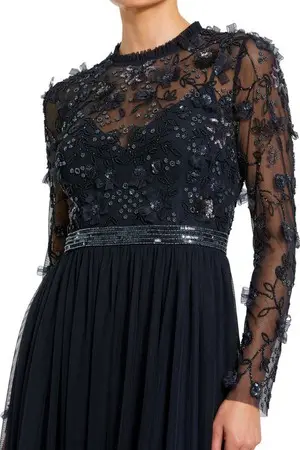 Mac Duggal Petite Embellished Illusion High Neck Long Sleeve Gown