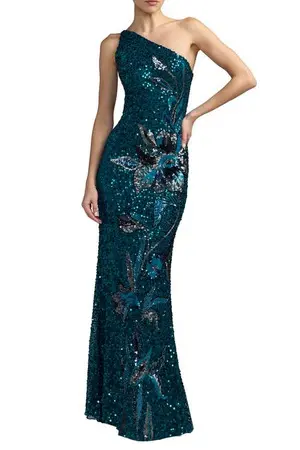 Mac Duggal Petite One-shoulder Floral Sequin Evening Gown - Teal