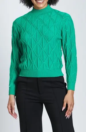 APNY Diamond Cable Eyelet Mock Neck Sweater - Emerald