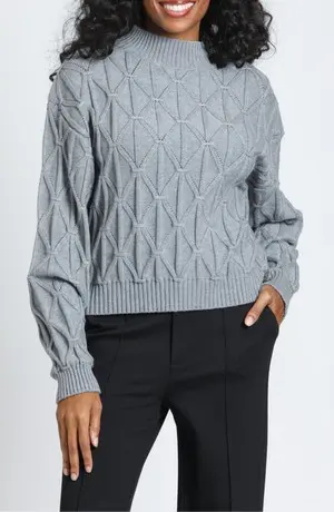 APNY Diamond Cable Eyelet Mock Neck Sweater - Heather Grey