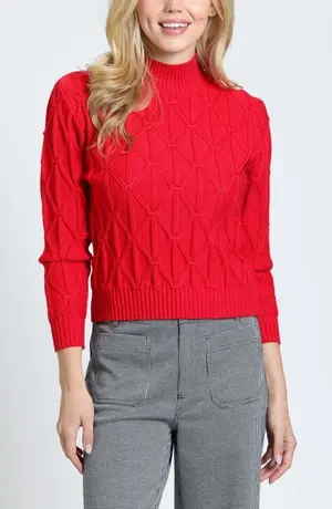 APNY Diamond Cable Eyelet Mock Neck Sweater - Red