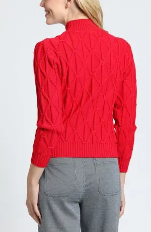 APNY Diamond Cable Eyelet Mock Neck Sweater - Red
