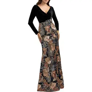 Mac Duggal Long Sleeve Floral Embellished Velvet Gown