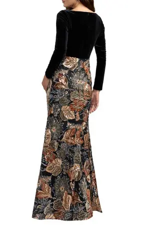 Mac Duggal Long Sleeve Floral Embellished Velvet Gown