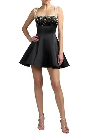 Mac Duggal Embellished Satin A Line Sleeveless Mini Dress