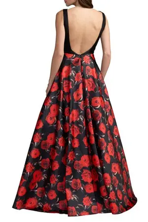 Mac Duggal Floral Printed Mikado Open Back Sleeveless Gown