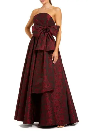 Mac Duggal Strapless Floral Brocade Evening Gown With Bow Detail