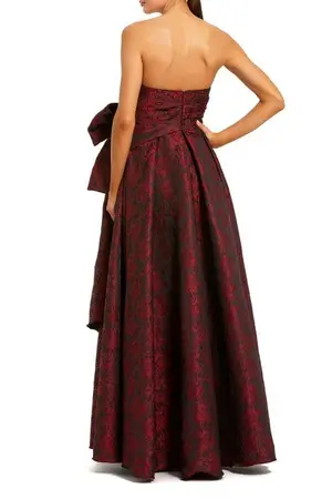 Mac Duggal Strapless Floral Brocade Evening Gown With Bow Detail