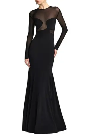 Mac Duggal Long Sleeve Sheer Detail Mermaid Jersey Gown - Black