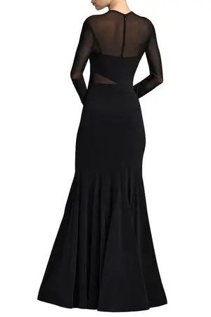 Mac Duggal Long Sleeve Sheer Detail Mermaid Jersey Gown
