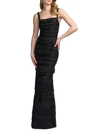 Mac Duggal Geometric Embellished Gown With Fringe