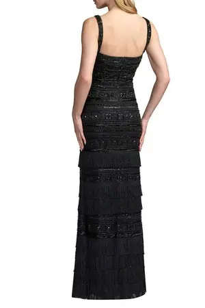 Mac Duggal Geometric Embellished Gown With Fringe