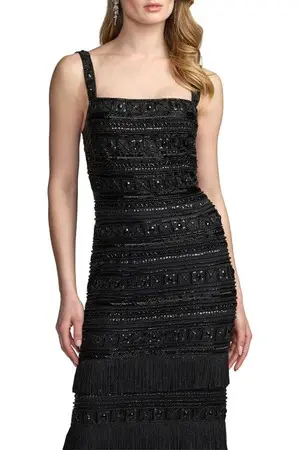Mac Duggal Geometric Embellished Gown With Fringe