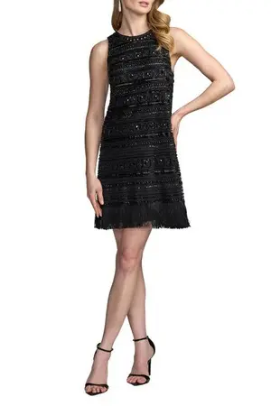 Mac Duggal Embellished Mesh Trapeze Fringe Mini Dress