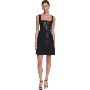 Halston Sleeveless Embellished Crepe Shift Dress - Black