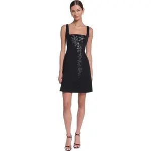 Halston Sleeveless Embellished Crepe Shift Dress - Black
