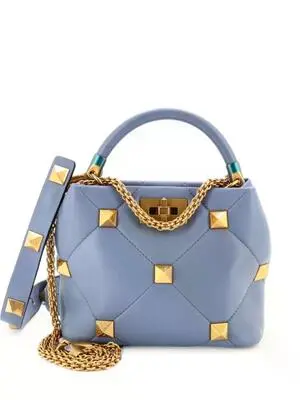 Valentino Garavani Roman Stud Top Handle Bag Quilted Leather Small Satchel Blue