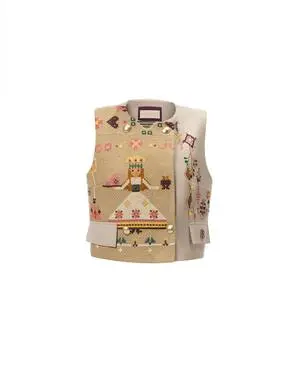 RONDOOZ Hand Painted Crepe Vest With Antique French Gobelin Tapestry & Hand Applied Embellishment - White