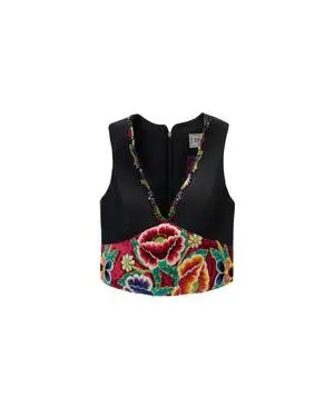 RONDOOZ Hand Painted Satin Crop Top With Antique French Gobelin Tapestry & Hand Applied Embellishment - Black
