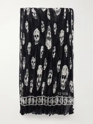 Alexander McQueen Printed Silk-plissé Scarf - Black