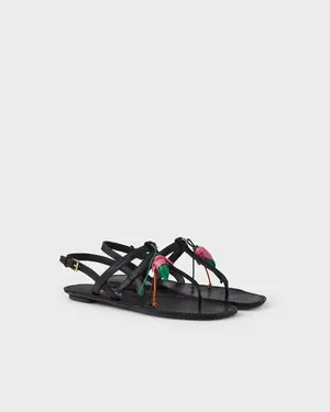 Prada Antiqued Leather Thong Sandals With Floral Ornament