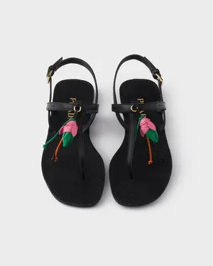Prada Antiqued Leather Thong Sandals With Floral Ornament